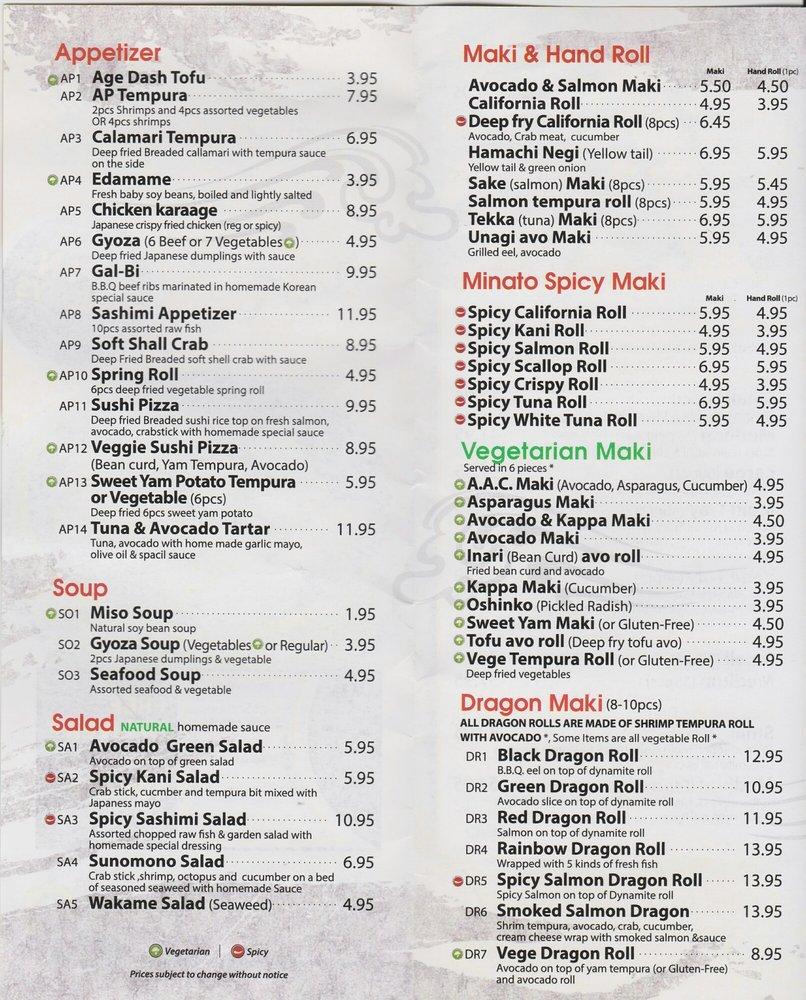 Menu at Sushi Minato restaurant, Georgina