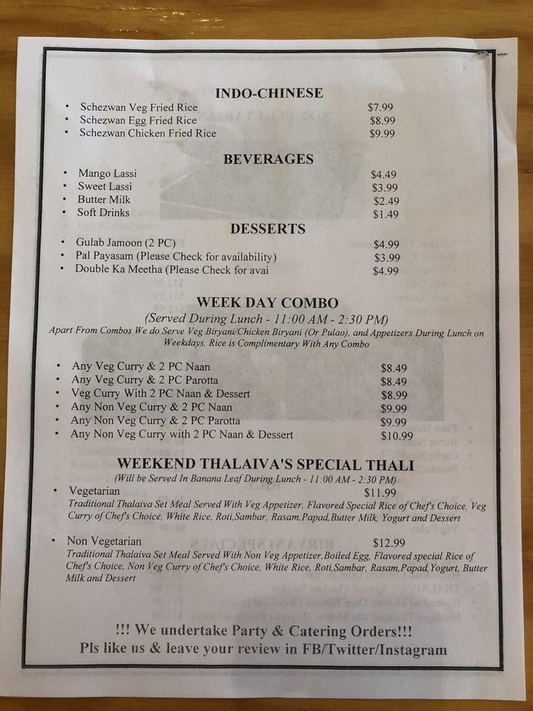 Menu at Thalaiva's Indian Kitchen restaurant, Park Ridge