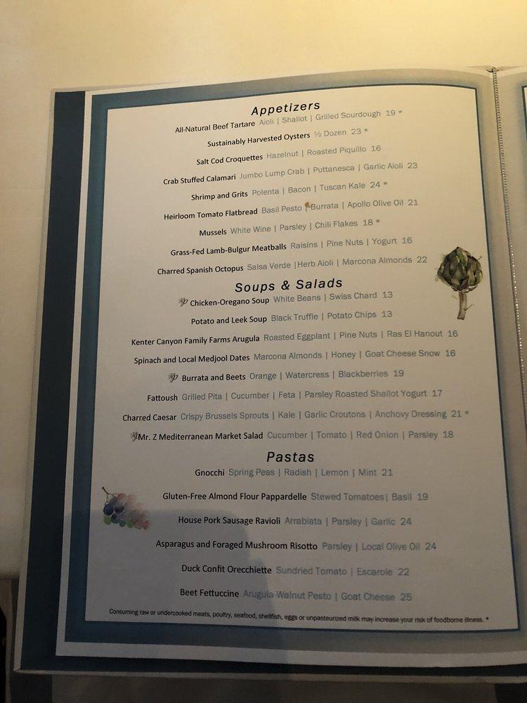 Menu at The Belvedere restaurant, Beverly Hills