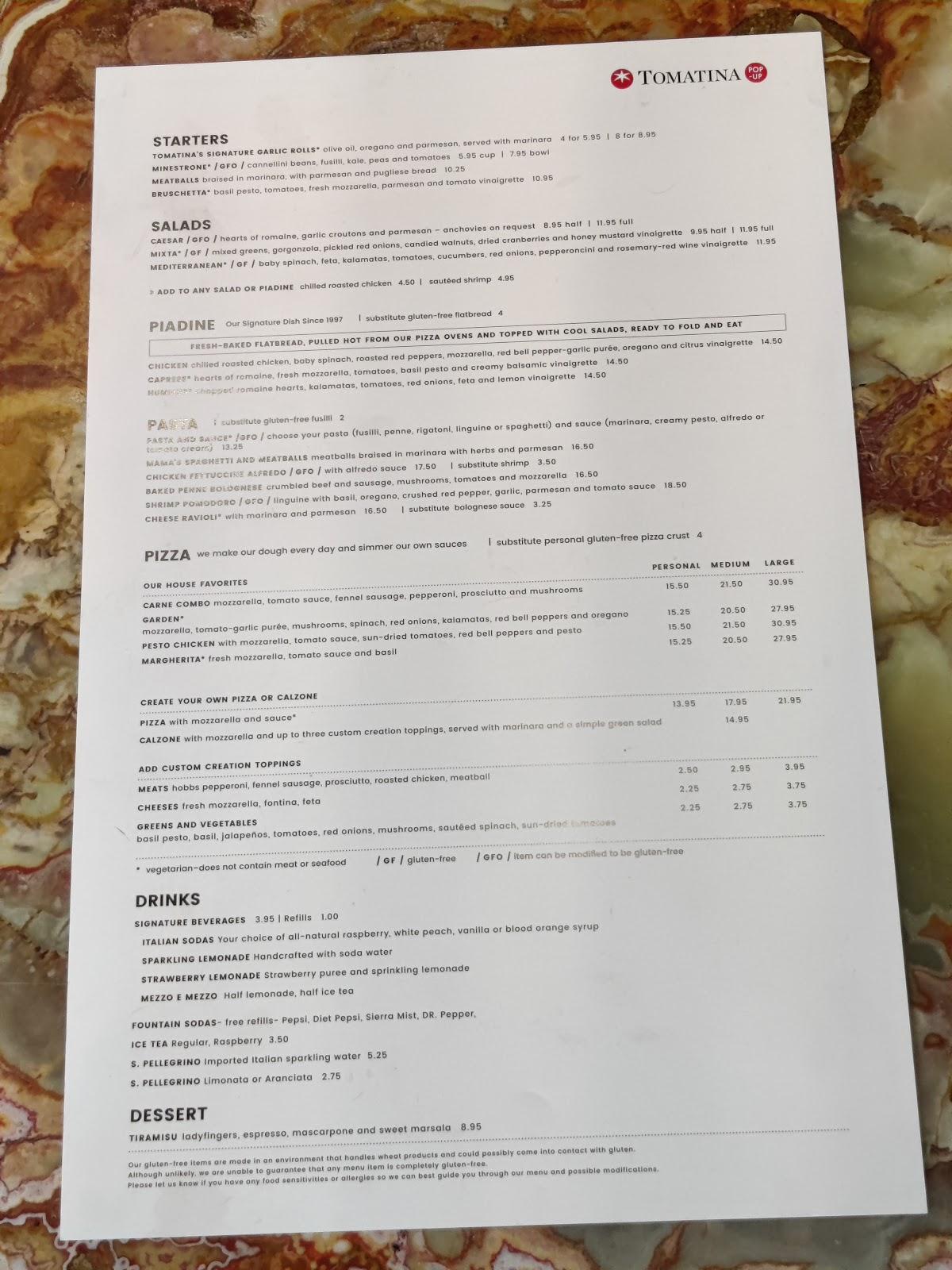 Menu at Tomatina pizzeria, Roseville, Fairway Dr