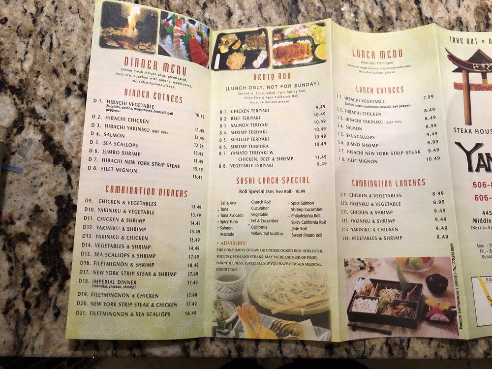Menu at Yamato Japanese Steakhouse, Middlesboro