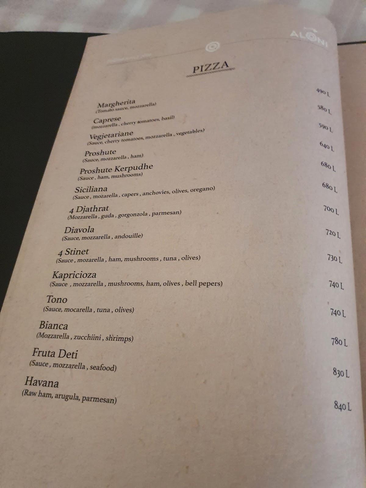 Menu at Aloni Restaurant, Dhërmi