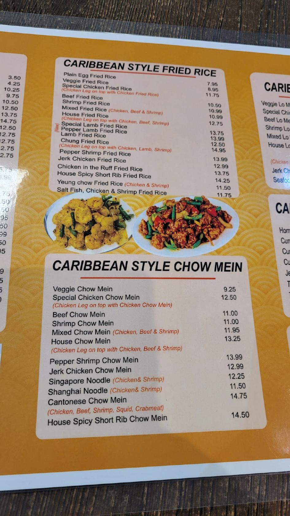 Menu at Chung’s Caribbean Hut restaurant, Brampton