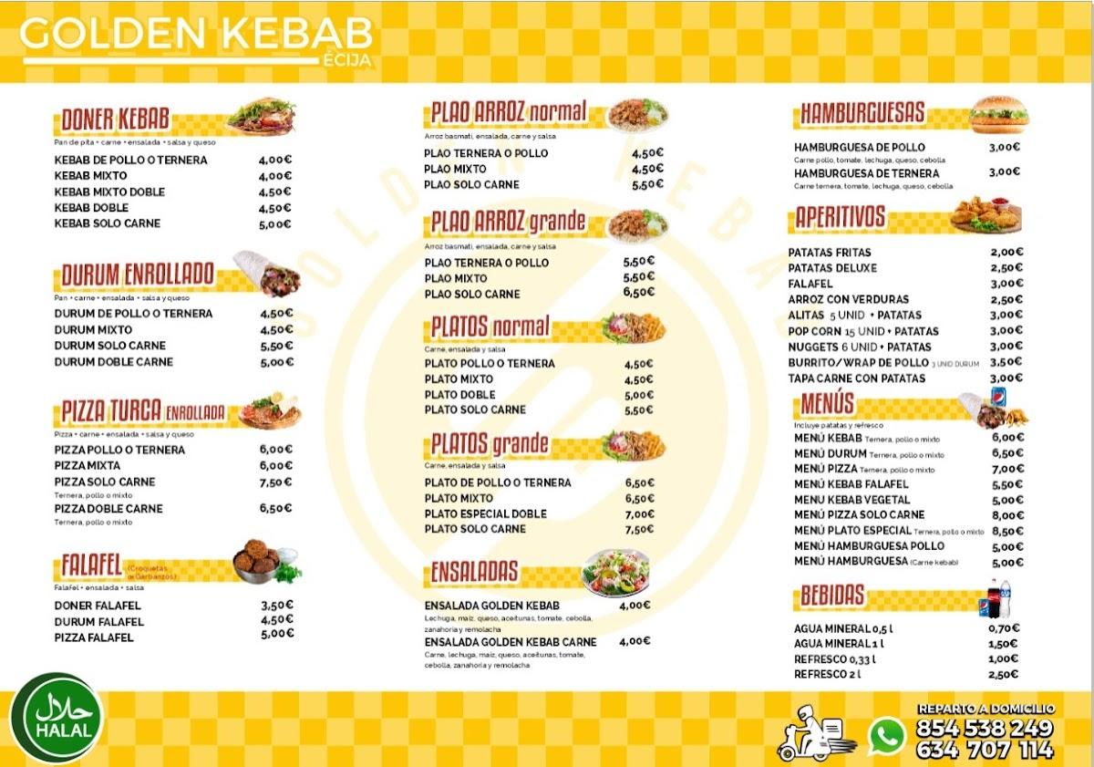 Carta del restaurante Golden Kebab Écija, Écija