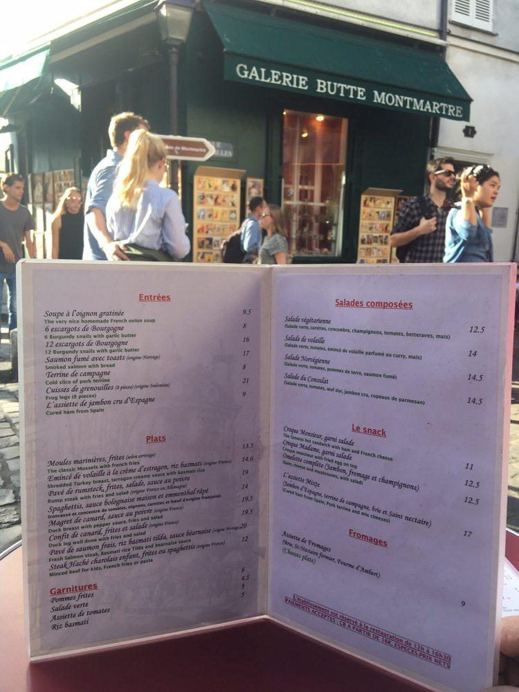 Menu at Le Consulat restaurant, Paris, 18 Rue Norvins