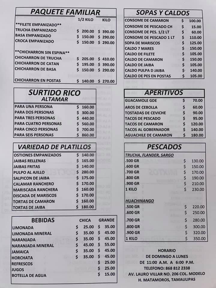 Menu at Mariscos Altamar Restaurant, Matamoros