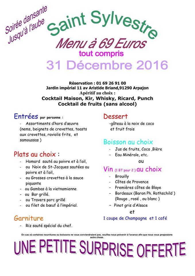 Menu au Jardin Imperial restaurant, Arpajon