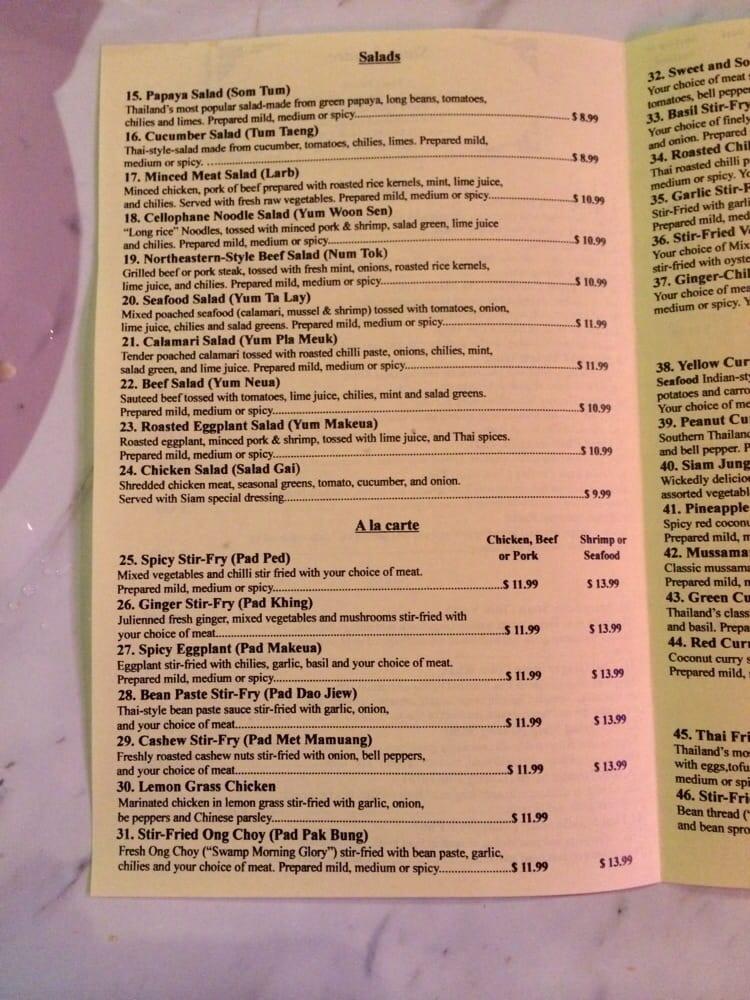 Menu at Siam Square restaurant, Honolulu