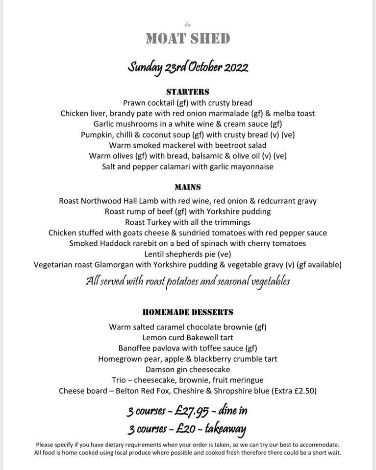 Menu at The Moat Shed restaurant, Baschurch