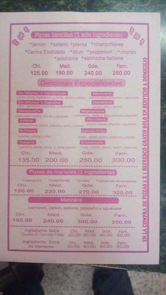 Menu at Alfonso's restaurant, Mexico City
