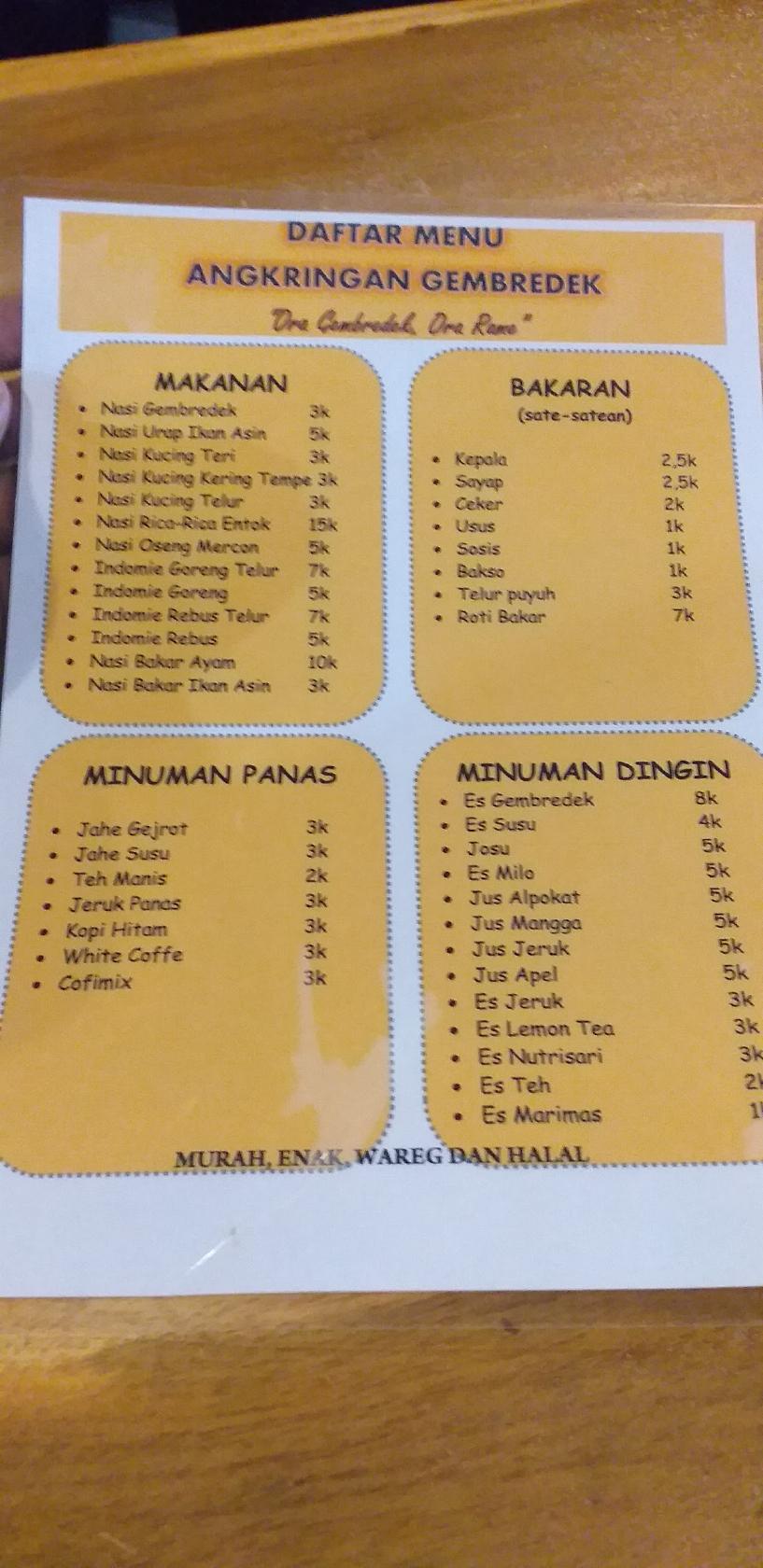 Menu at Angkringan Gembredek cafe, Metro