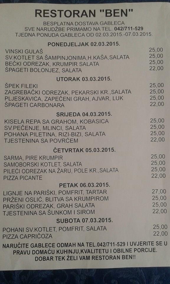 Menu at BEN restaurant, Sračinec