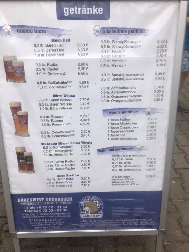 Menu at Bärenwirt Neuhausen restaurant, Germany