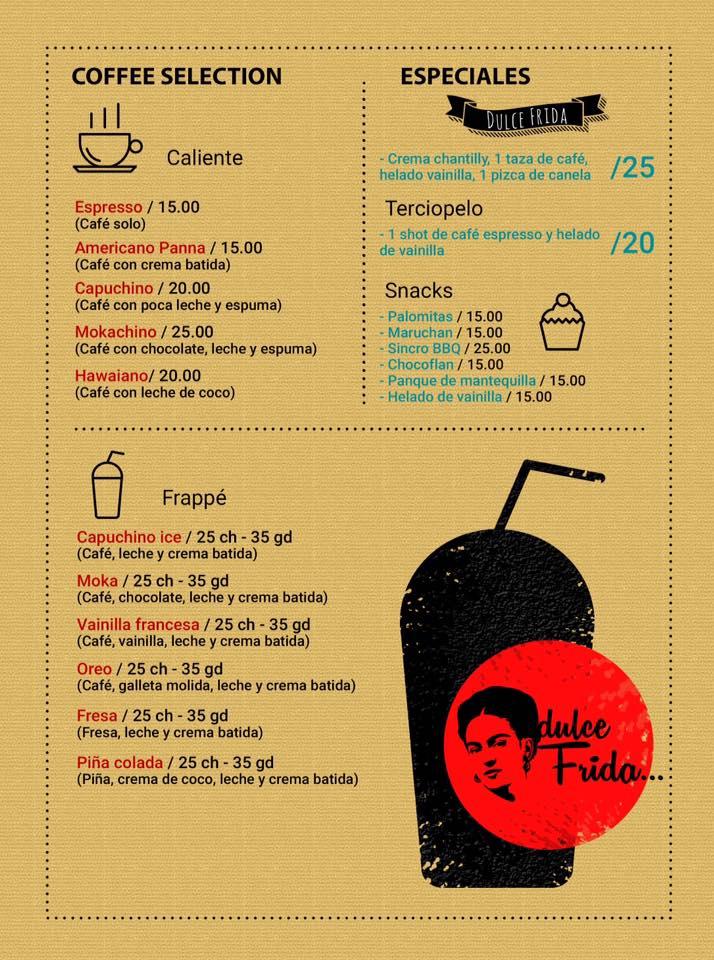 Carta del café Dulce Frida, Villa Lázaro Cárdenas