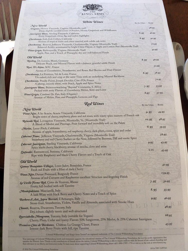 Menu at King's Arms Tavern pub & bar, Williamsburg