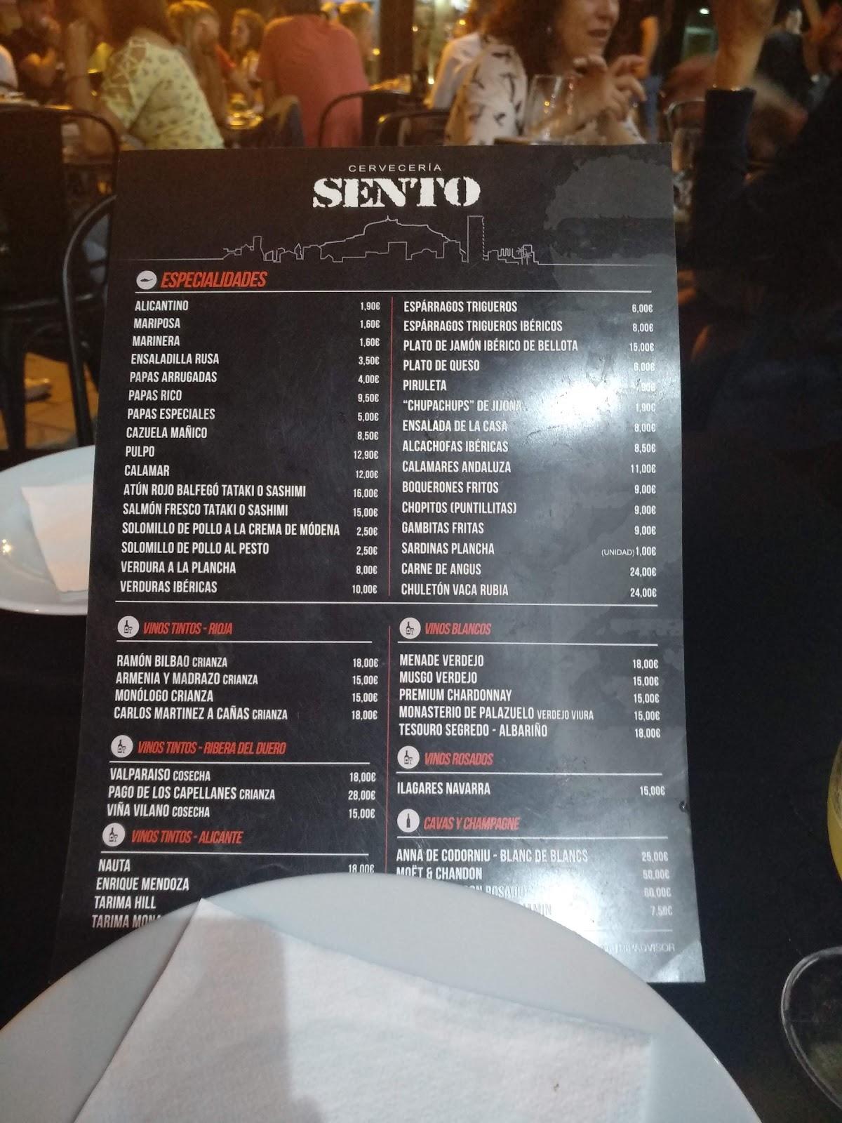 Menu at Sento pub & bar, Sant Vicent del Raspeig, C. Cdad. Jardín