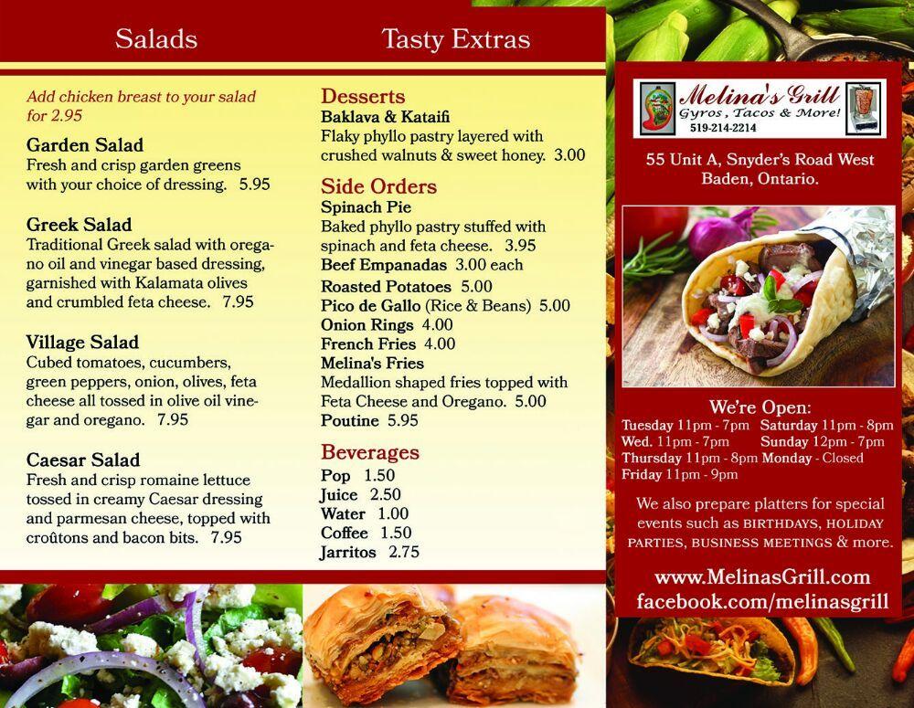 Menu at Melina's Grill restaurant, Baden