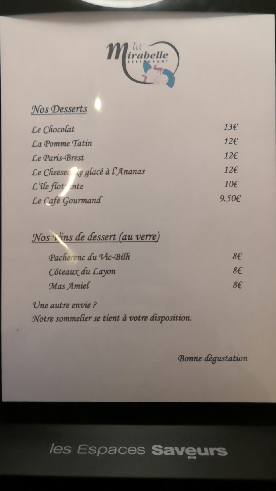 Menu au La Mirabelle restaurant, Luxembourg