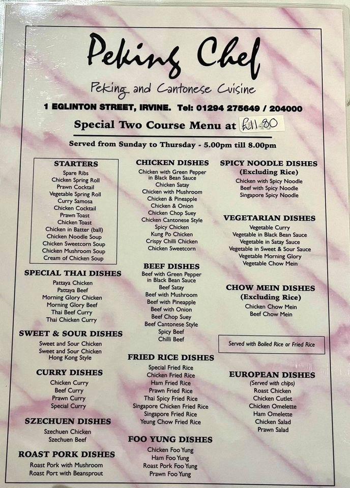Menu at Peking Chef restaurant, Irvine, 1 Eglinton St