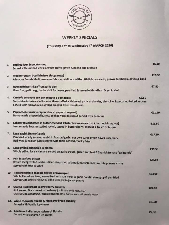 Menu at The Galley restaurant, Ta' Xbiex