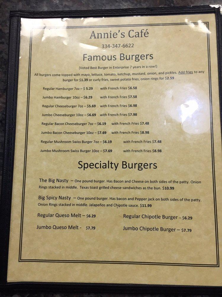 Menu at Annie's Cafe, Enterprise