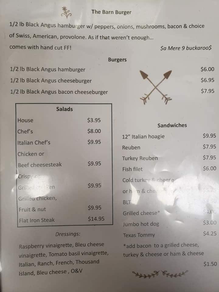Menu at Barn, Eagles Mere