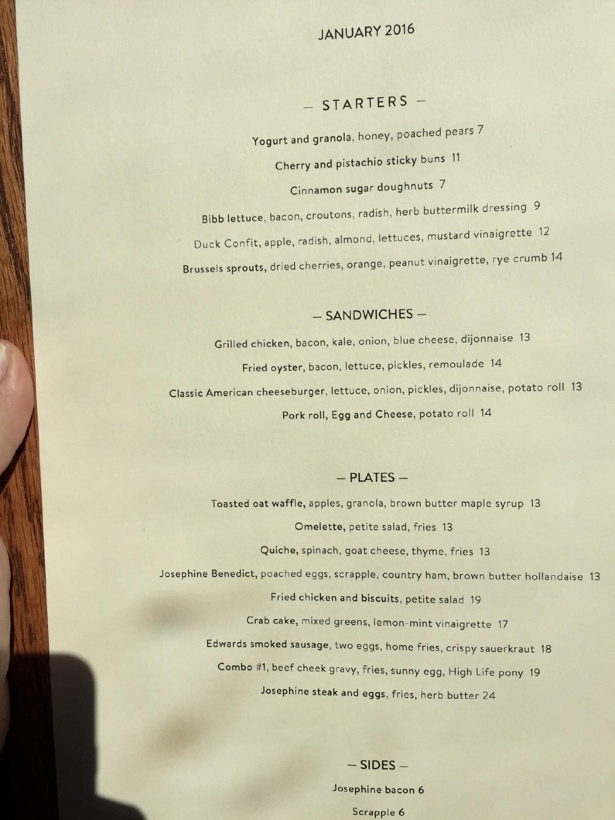 Menu at Josephine restaurant, Nashville