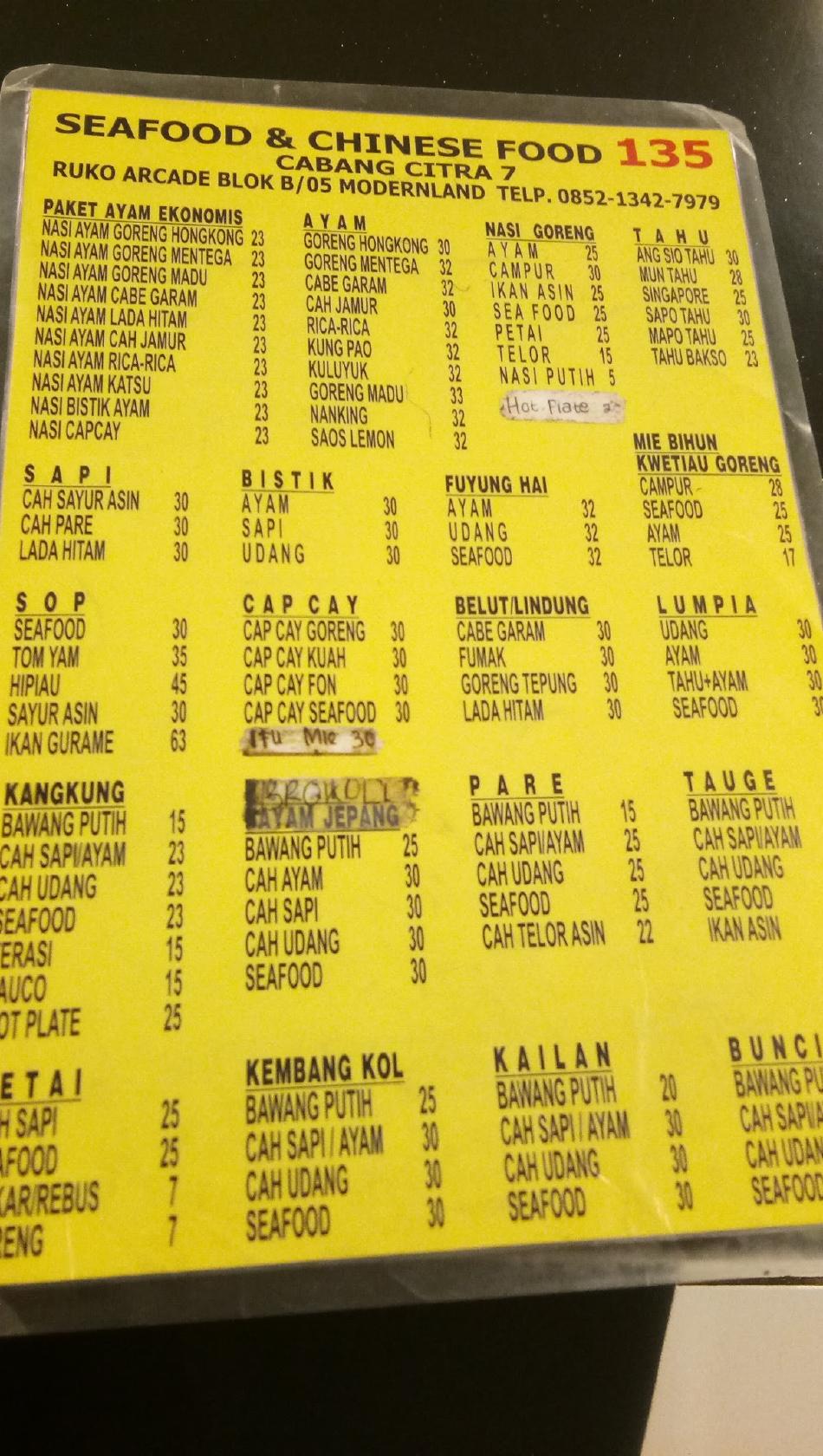 Menu at seafood&chinese Food 135 restaurant, Tangerang