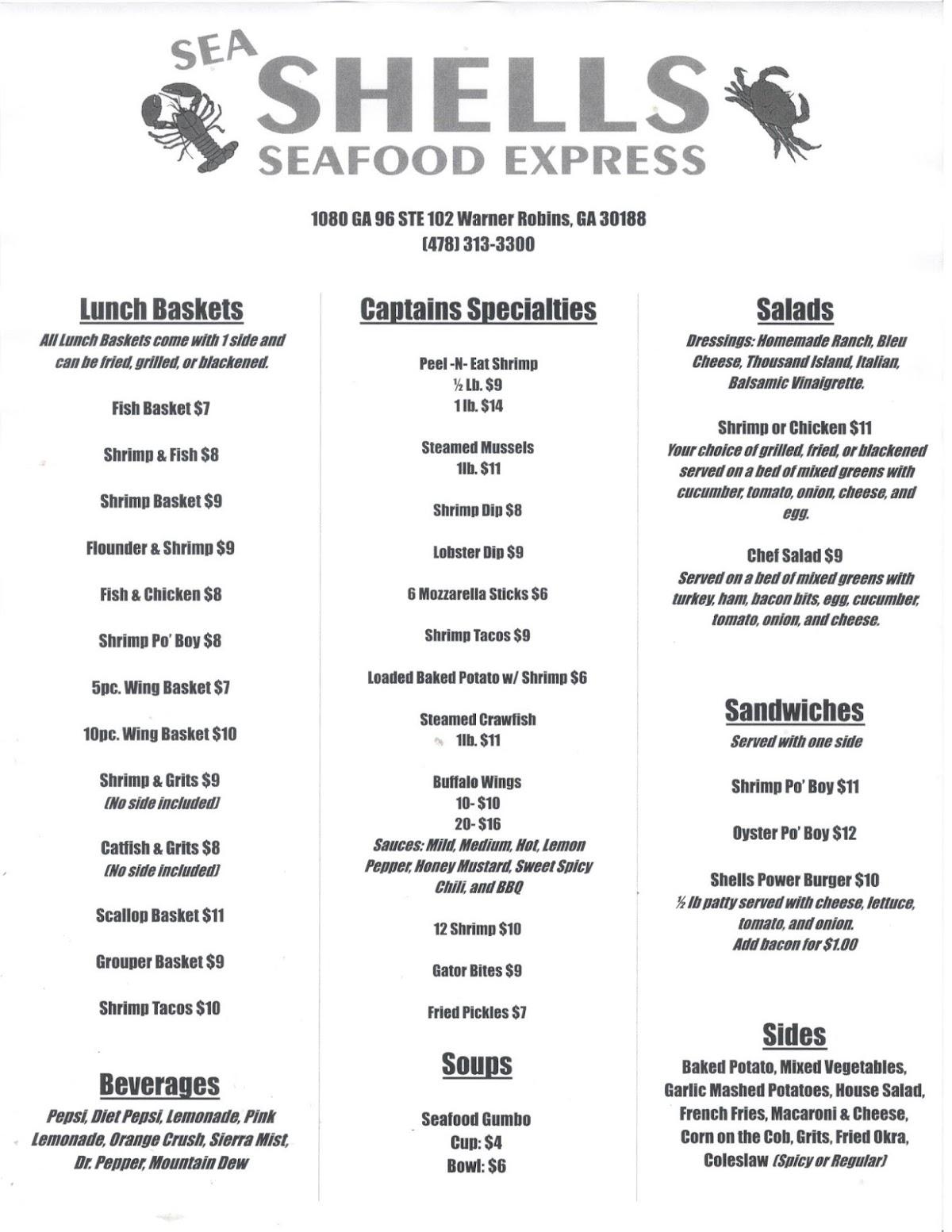 Menu at sea shells seafood express restaurant, Warner Robins