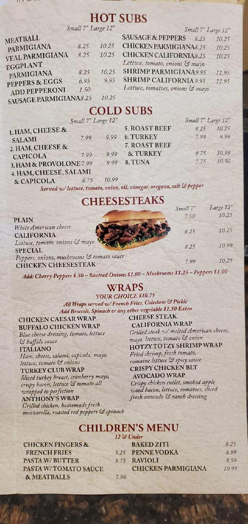Menu at Anthony's Pizza pizzeria, Wall Township