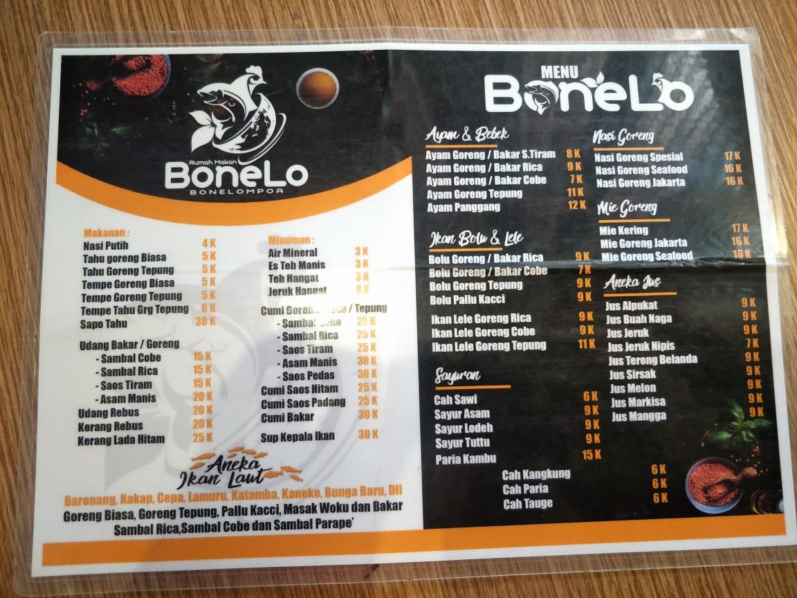 Menu at Bonelo restaurant, Makassar