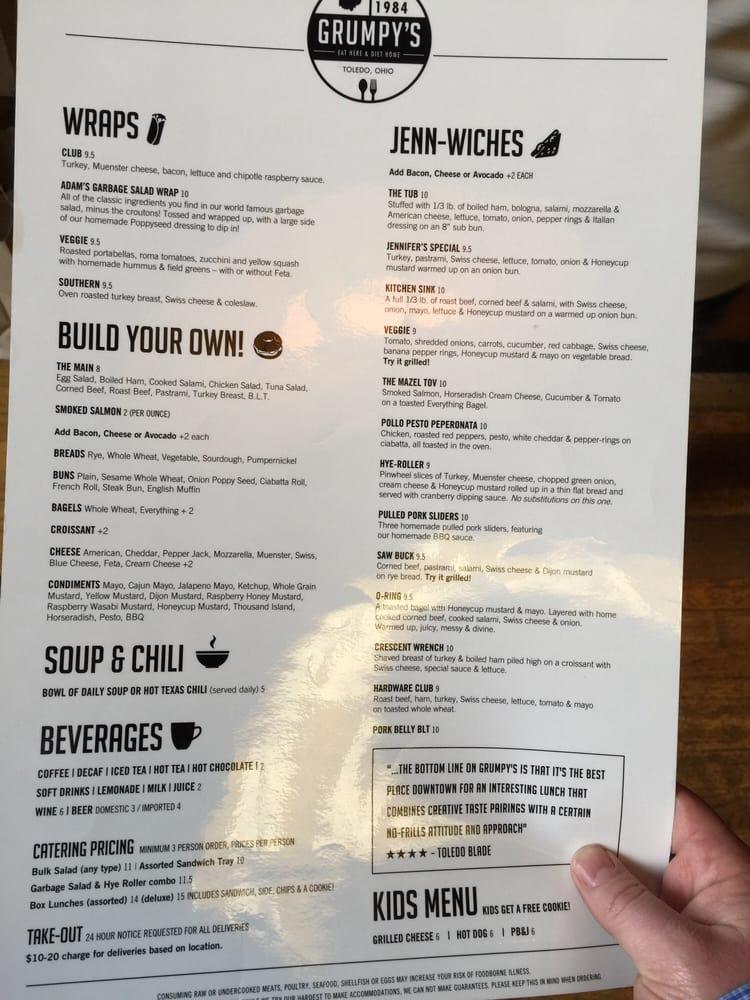 Menu at Grumpy's Toledo restaurant, Toledo