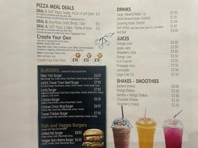 Menu at Lords Burger and Pizza restaurant, London
