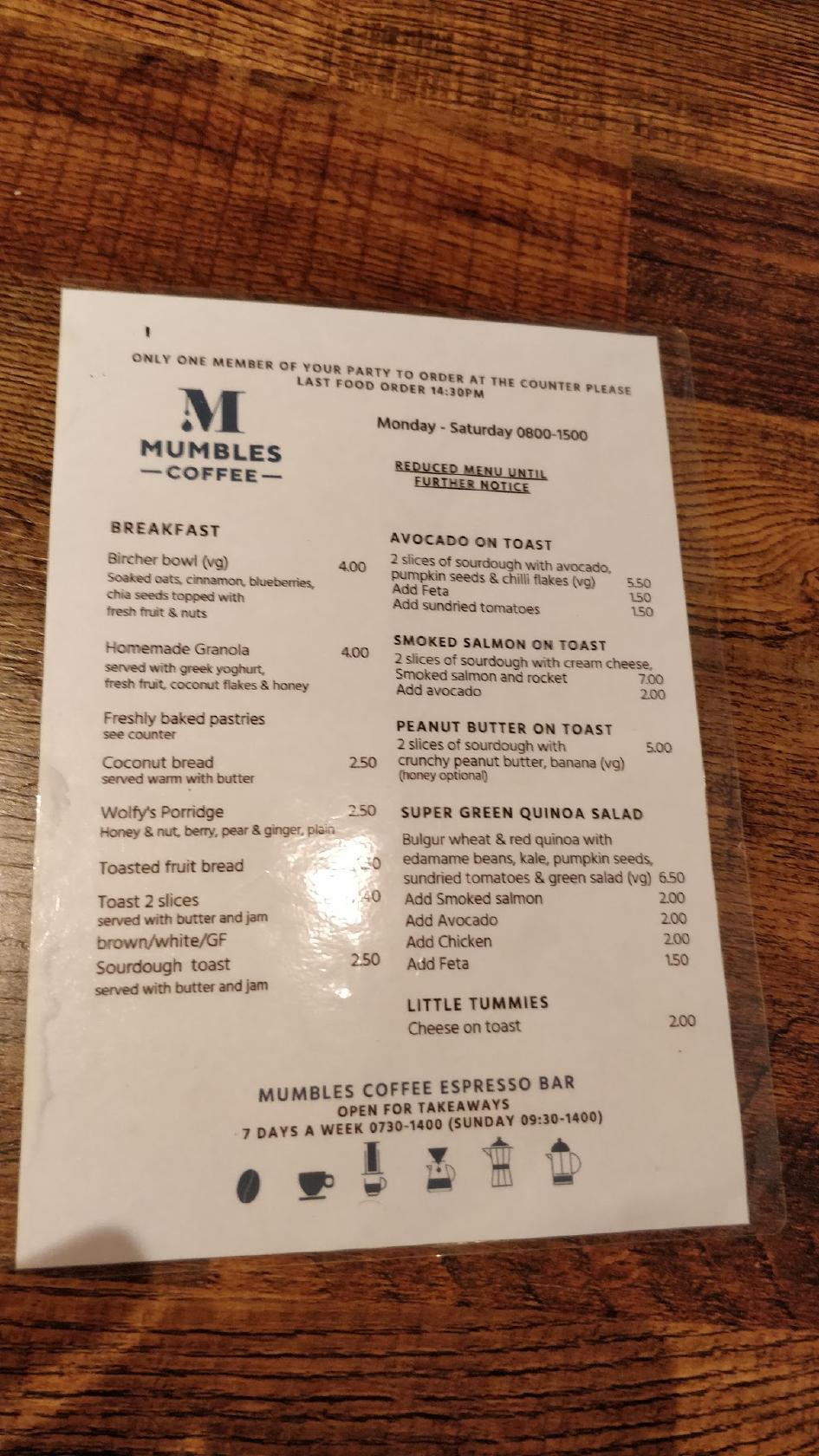 Menu at Mumbles coffee cafe, The Mumbles