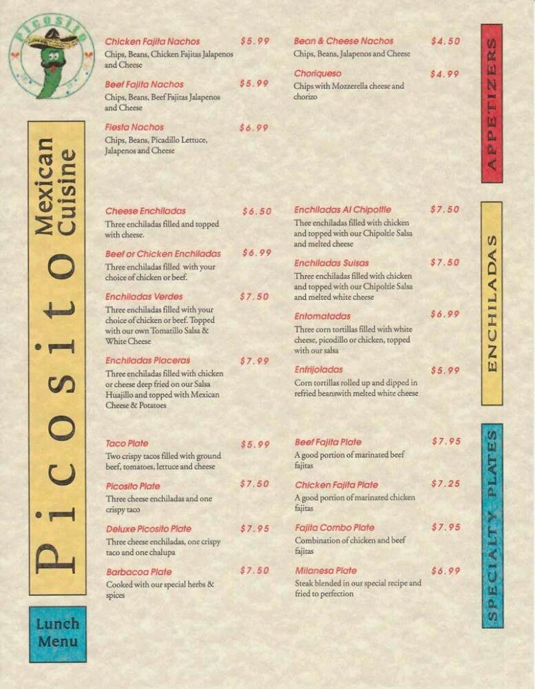 Menu at Pollo Picosito Mexican Restaurant, Live Oak