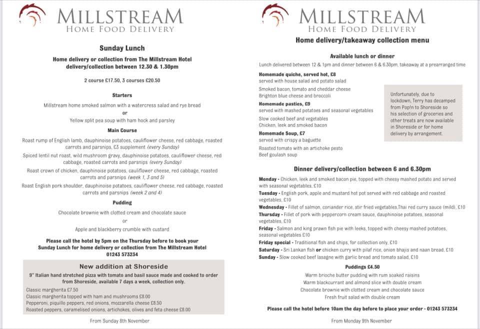 Menu at The Millstream Hotel & Sea School Restaurant, Chichester