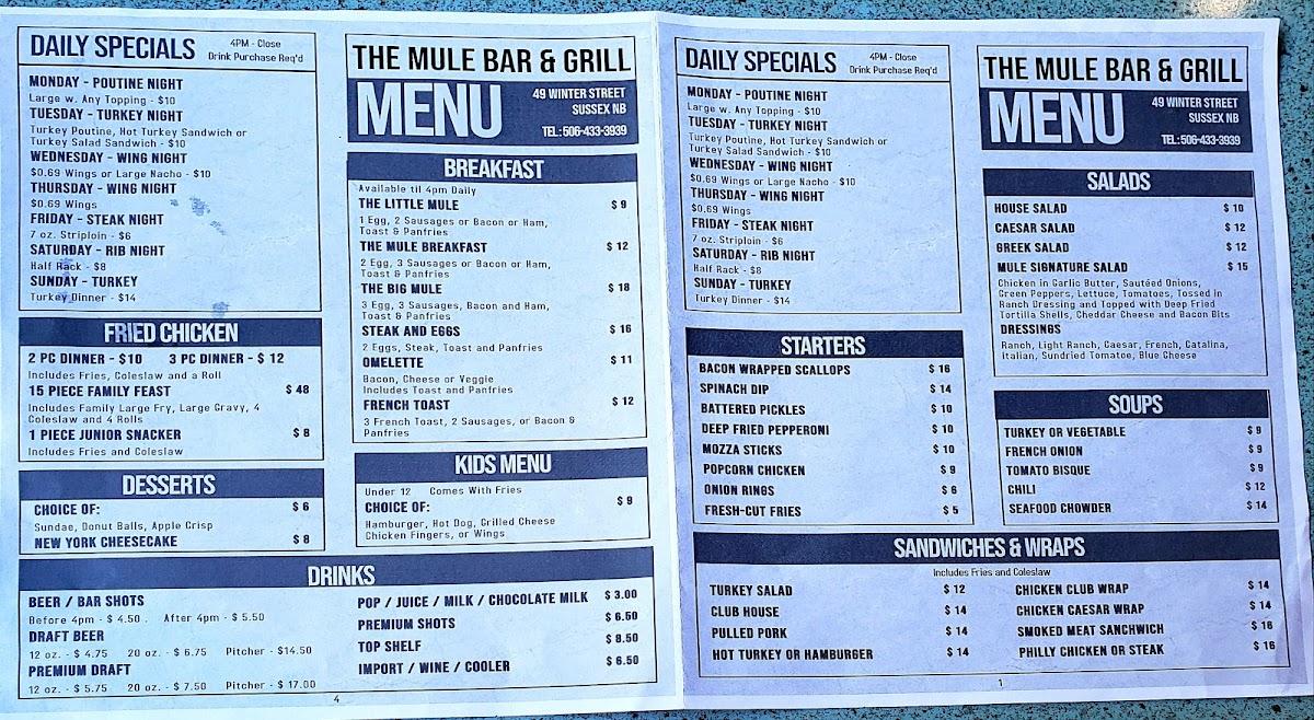 Menu at The Mule Bar & Grill, Sussex