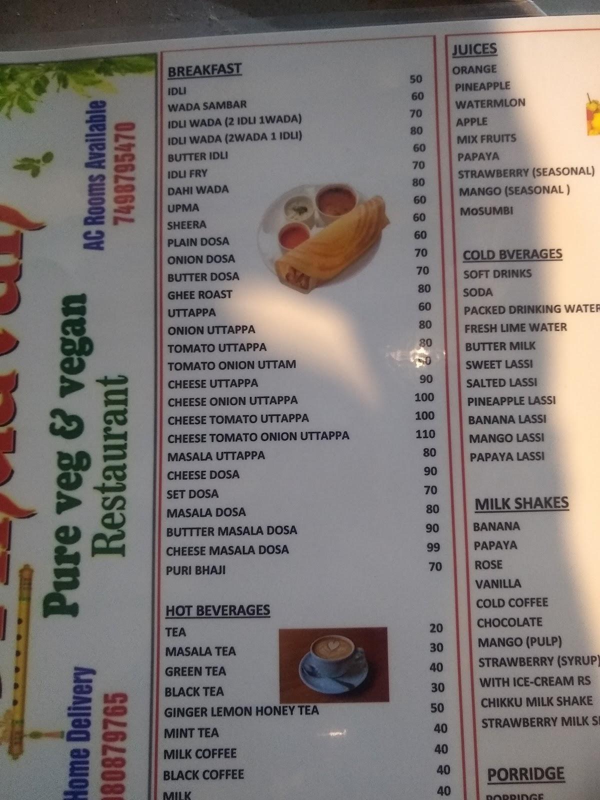 Menu at Vrindavan, Arambol