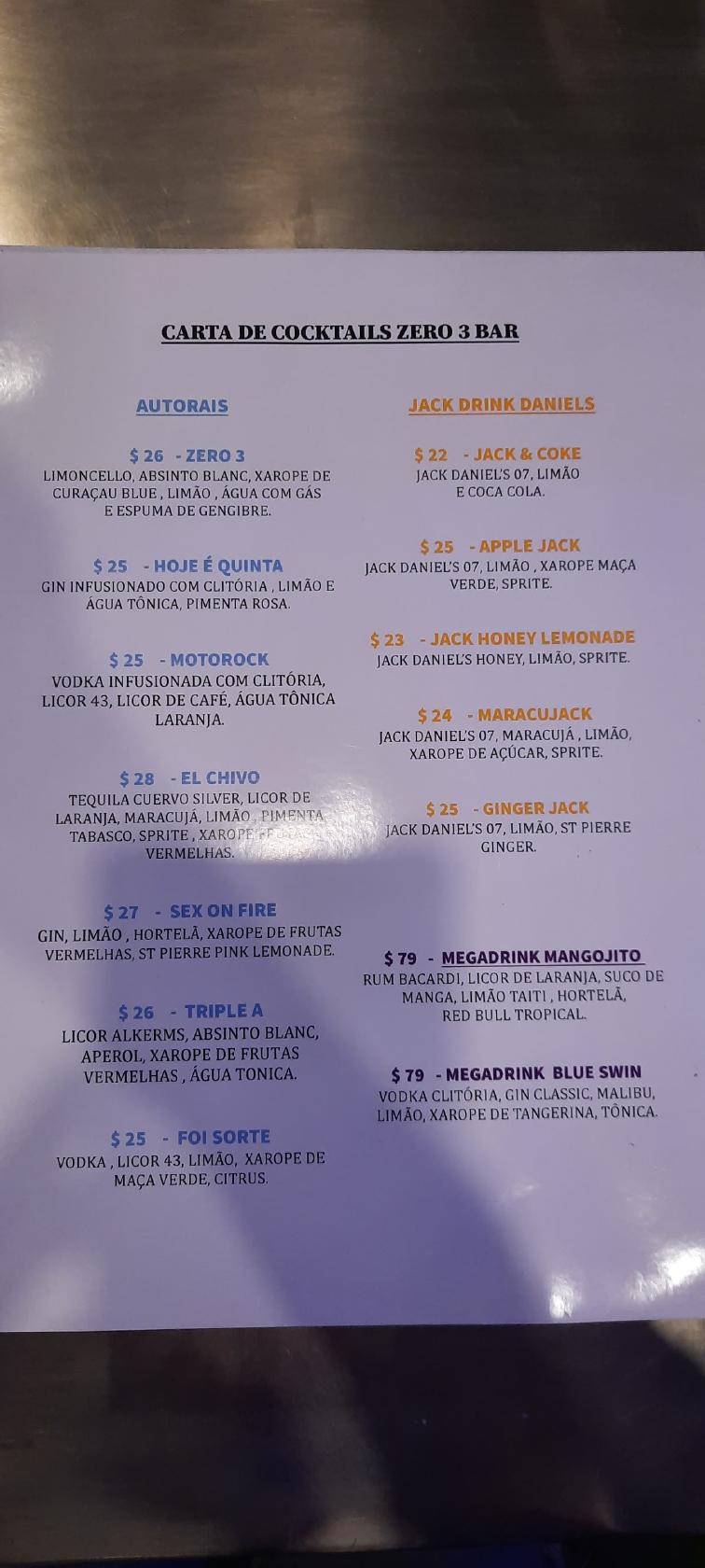 Menu at Zero 3 Bar, Fortaleza