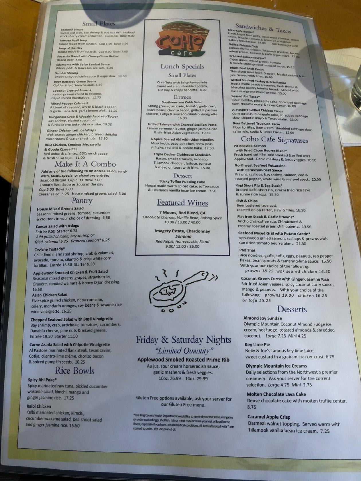 Menu at Coho Cafe, Issaquah