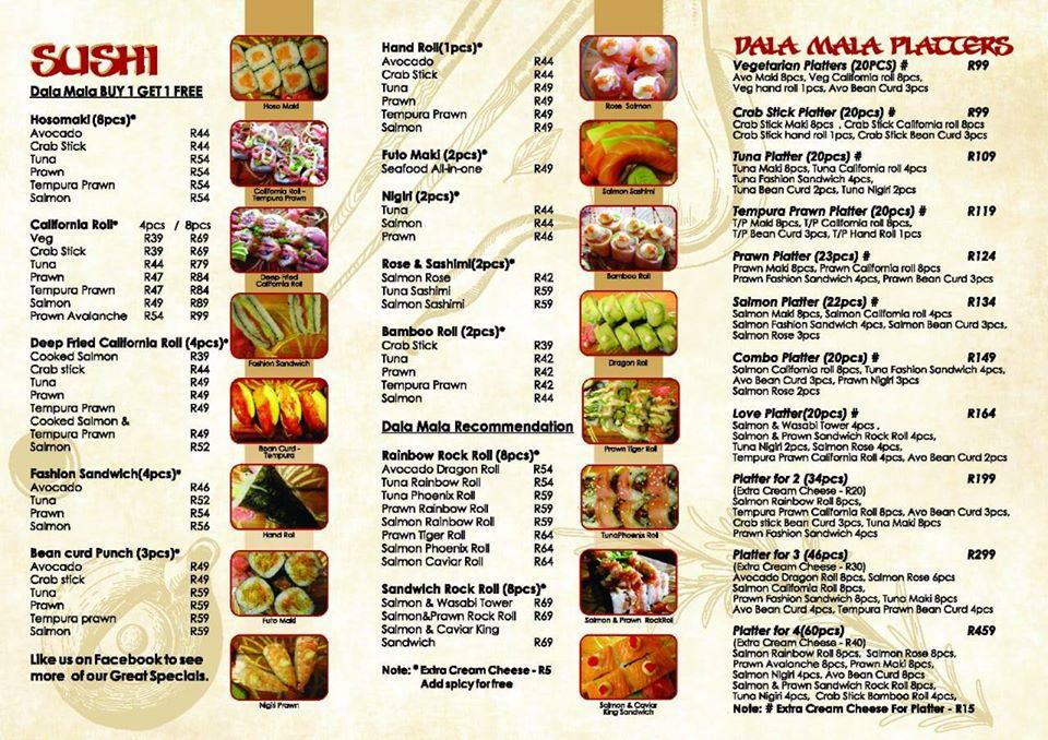 Menu at Dala Mala Asian Cuisine & Sushi Bar, Bloemfontein, Shop 9