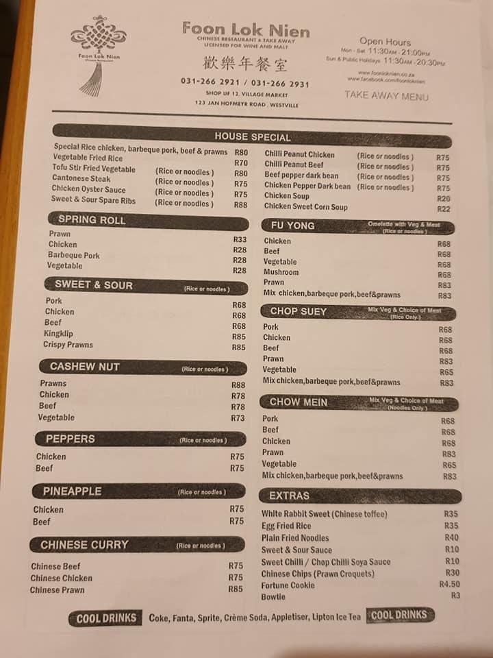 Menu at Foon Lok Nien Chinese restaurant, Westville