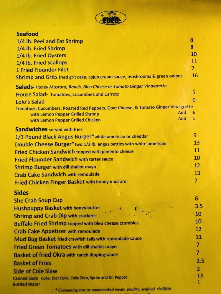 Menu at LoLo's restaurant, Charleston, Folly Rd