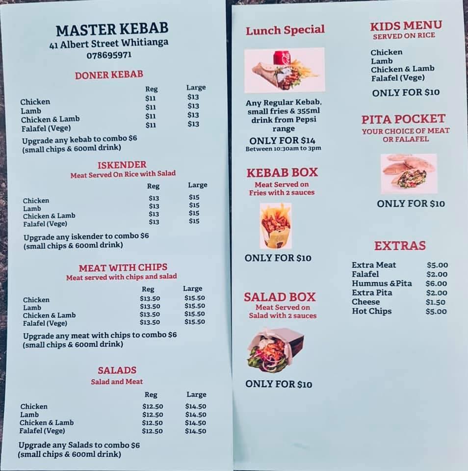 Menu at Master Kebab restaurant, Whitianga