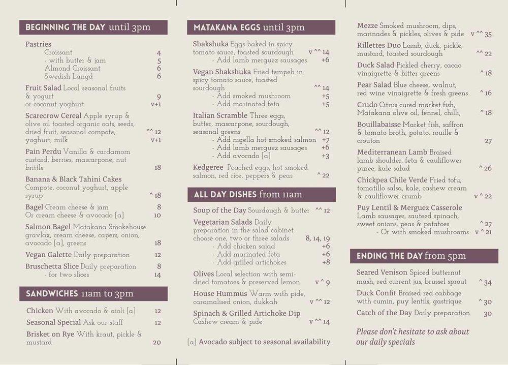 Menu at Scarecrow cafe, Auckland, 33 Victoria St E