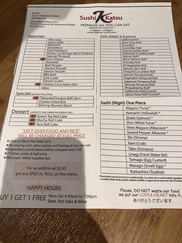 Menu at Sushi Katsu restaurant, Greenwood Village, E Arapahoe Rd