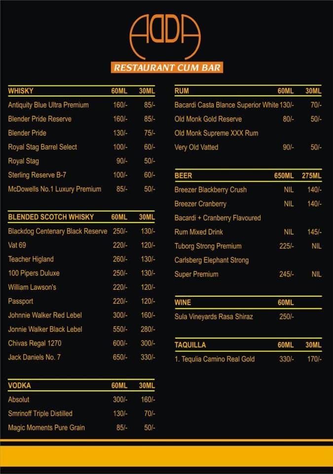Menu at ADDA Restaurant cum Bar, Bardhaman, Bhangakuthi BSNL Tower
