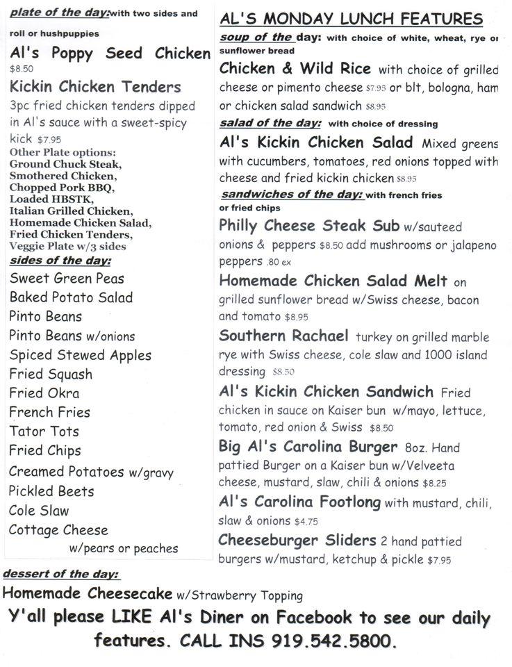 Menu at Al's Diner restaurant, Pittsboro