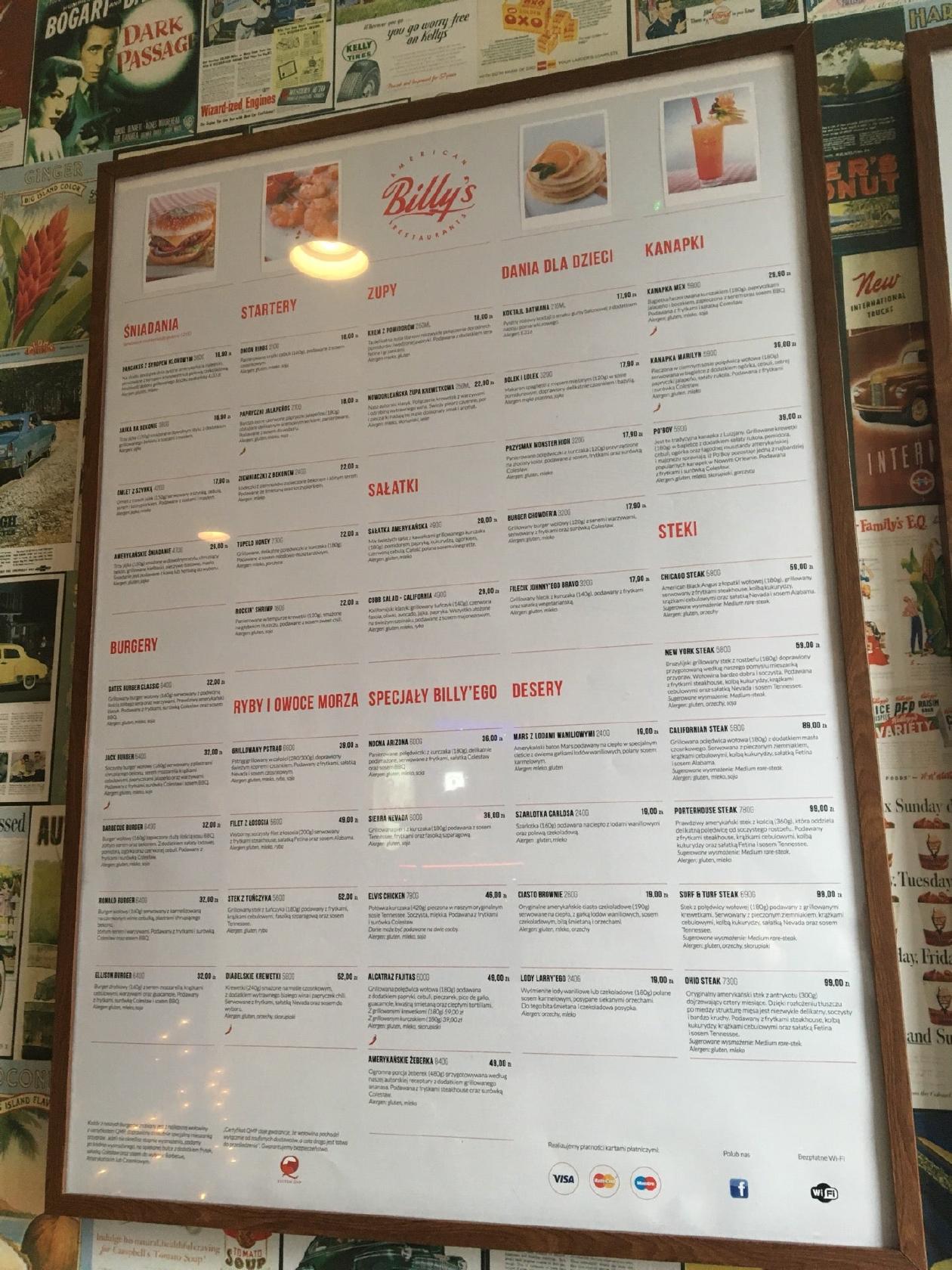 Menu at Billy’s American Restaurant., Gdańsk, Warzywnicza 10A/e