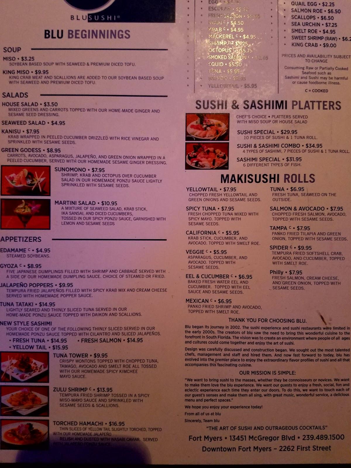 Menu at Blu Sushi restaurant, Fort Myers, McGregor Blvd #23